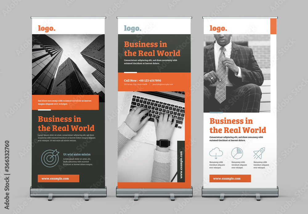Roll-Up Banner Layout Set with Orange Accents Stock Template | Adobe Stock