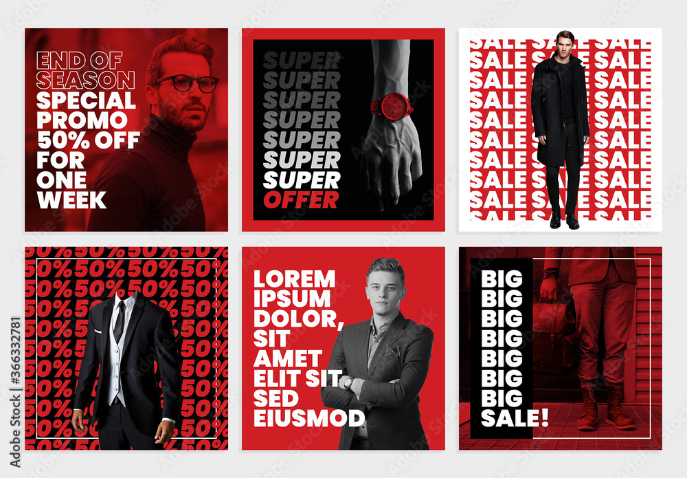 Sale Social Media Post Layout Set with Bold Text and Red Accents Stock ...