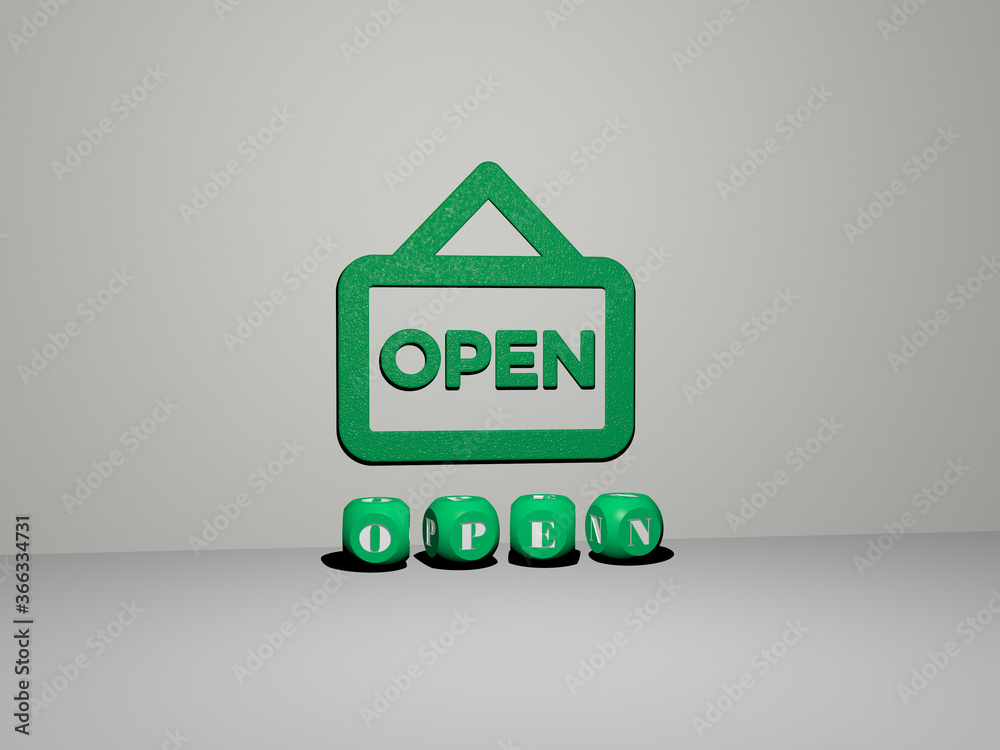 3D representation of OPEN with icon on the wall and text arranged by ...