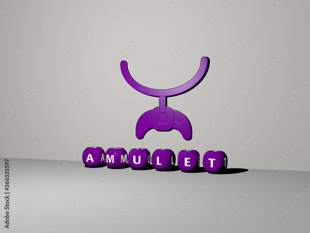 3D illustration of amulet graphics and text made by metallic dice ...