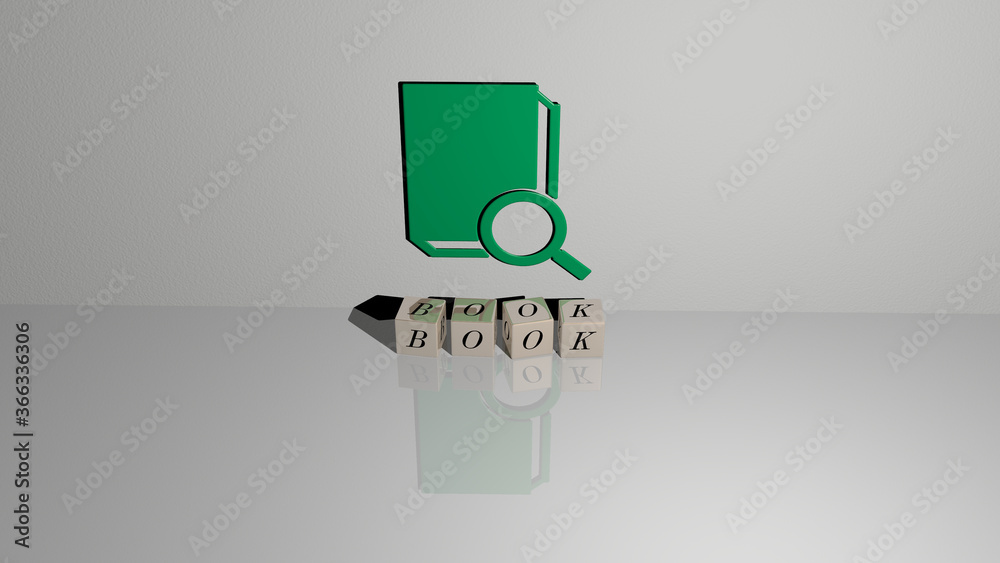 3D representation of BOOK with icon on the wall and text arranged by ...