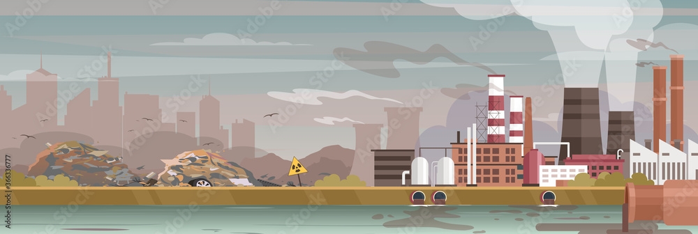 Industry, manufacture polluted landscape vector illustration. Cartoon ...