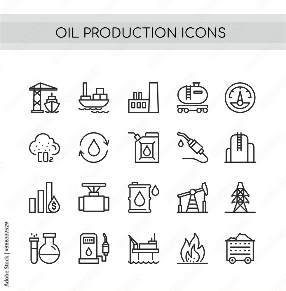 Oil production vector illustration set. Flat thin line icons with ...