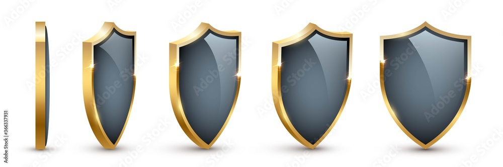 Shields with reflection in shiny gold frames front, side view set Stock ...