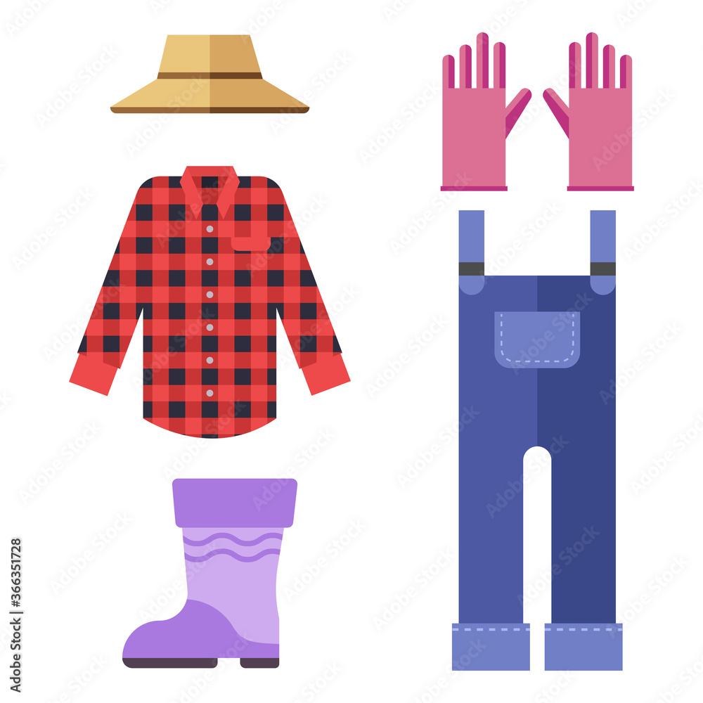 Set of farm clothes on an isolated white background. Hat, shirt, gloves ...