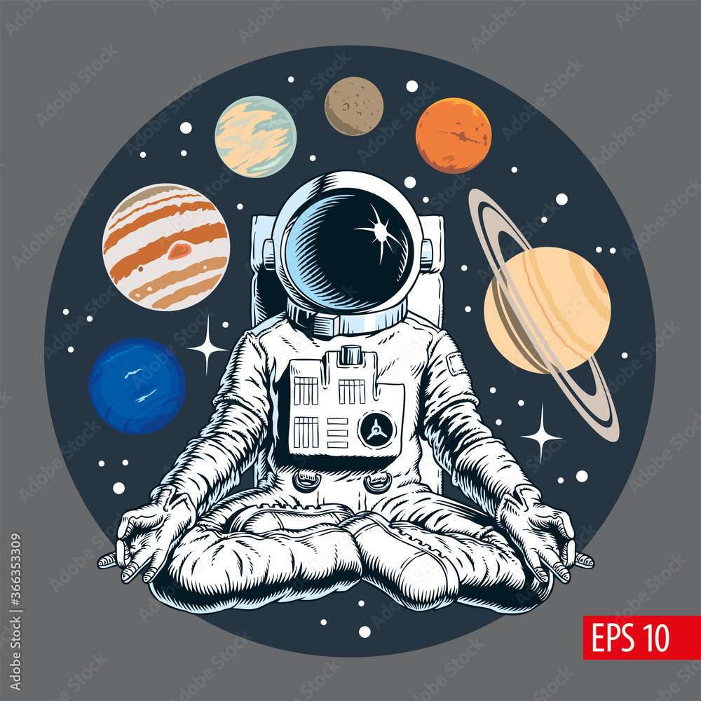 Astronaut meditating in the lotus pose. Planets and stars on the ...