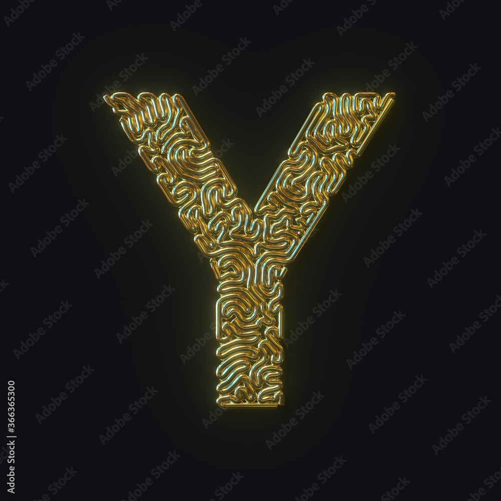 High resolution letter Y symbol formed of gold bent wire. 3D rendering ...