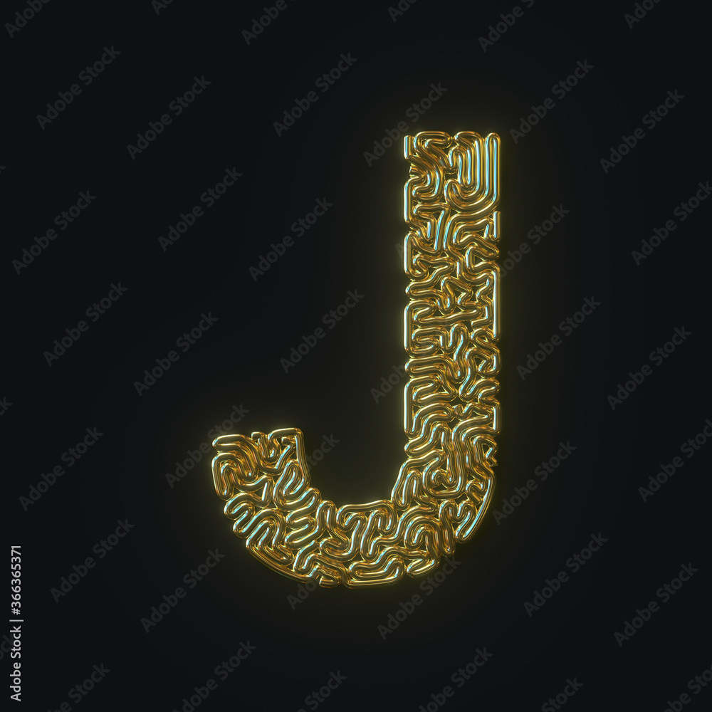High resolution letter J symbol formed of gold bent wire. 3D rendering ...
