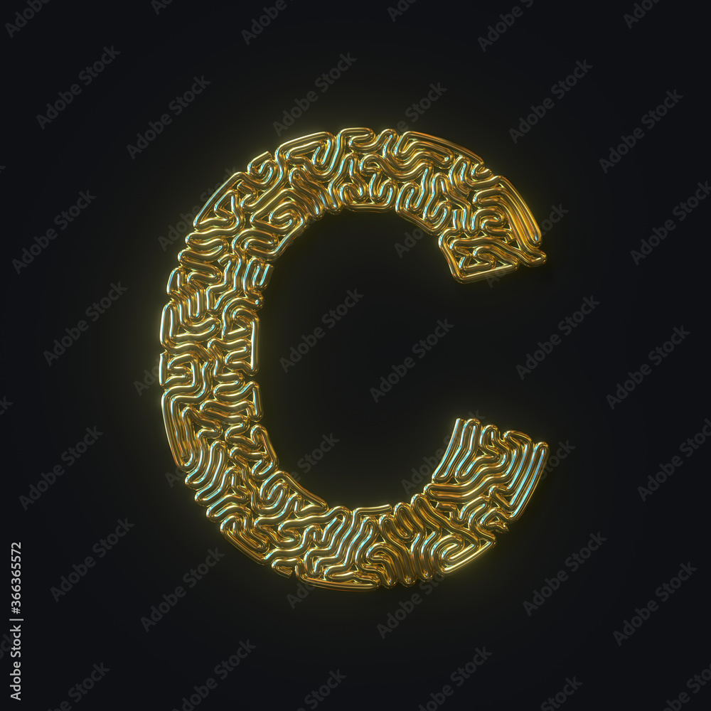 High resolution letter C symbol formed of gold bent wire. 3D rendering ...