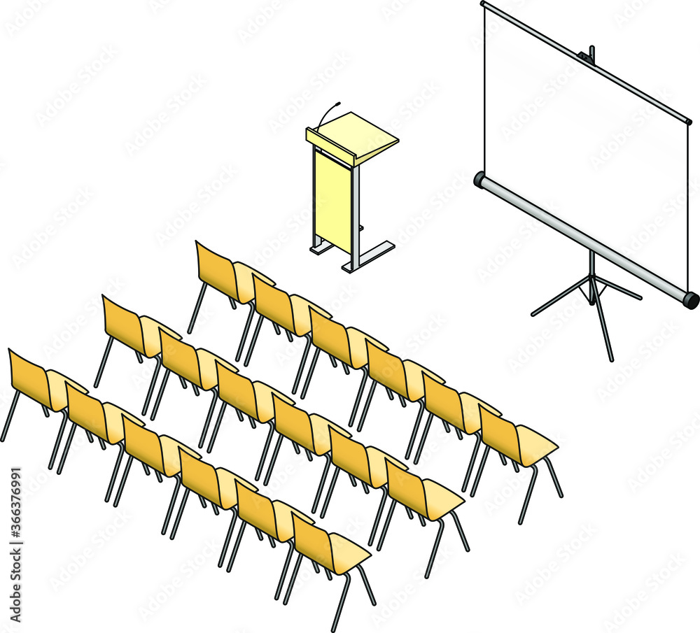 Chairs, lectern and screen setup for a presentation, lecture or seminar ...