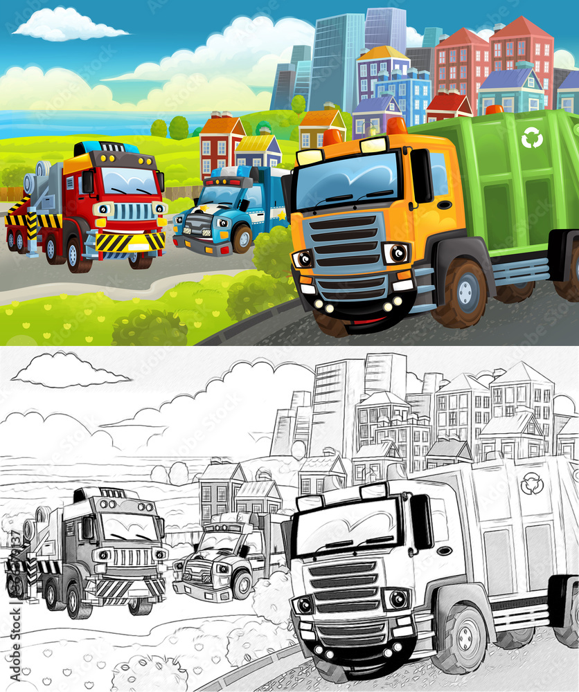 cartoon scene with sketch of the middle of a city with car driving by ...