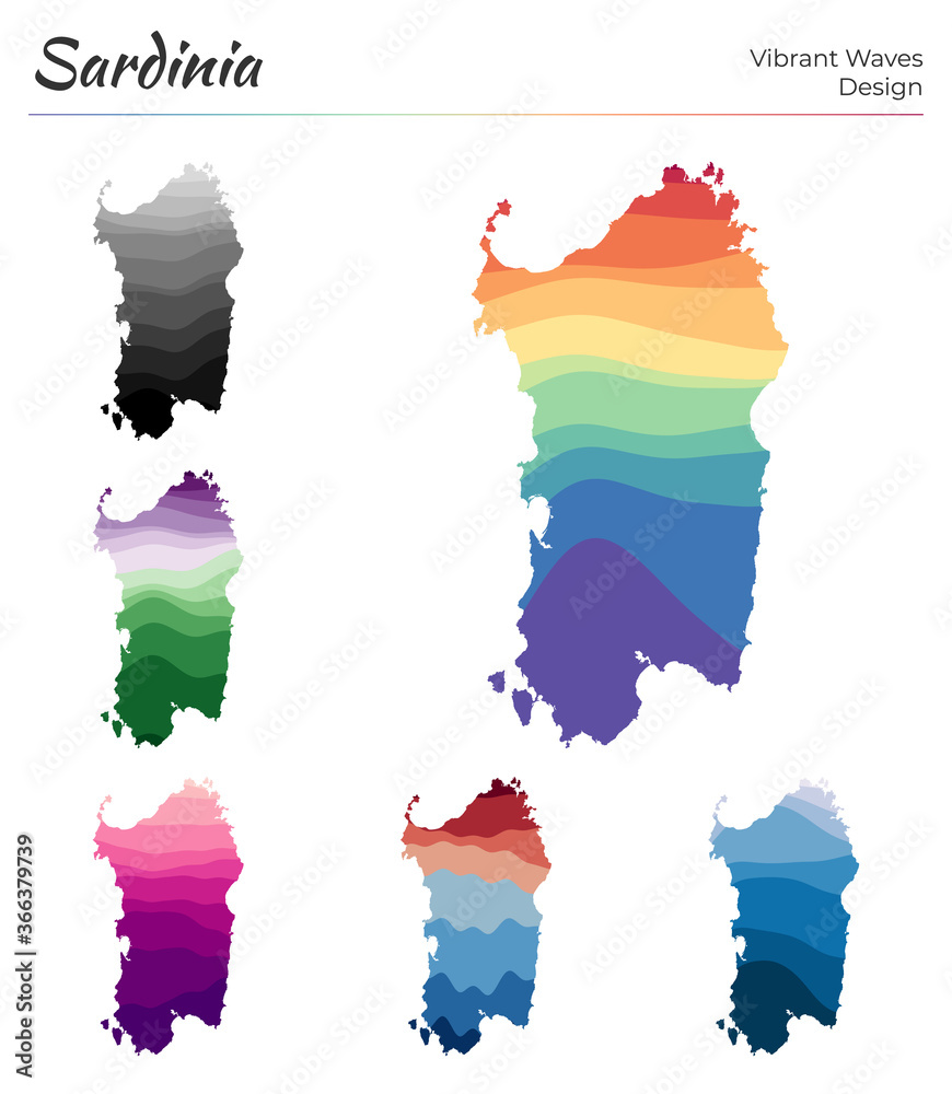 Set of vector maps of Sardinia. Vibrant waves design. Bright map of ...