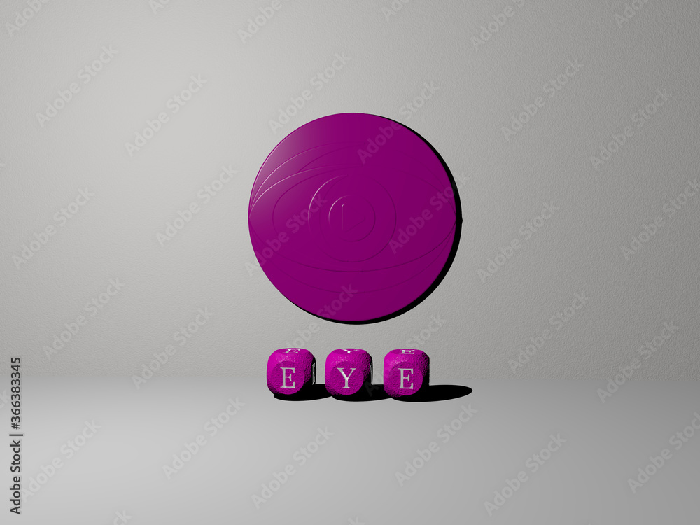 3D illustration of eye graphics and text made by metallic dice letters ...