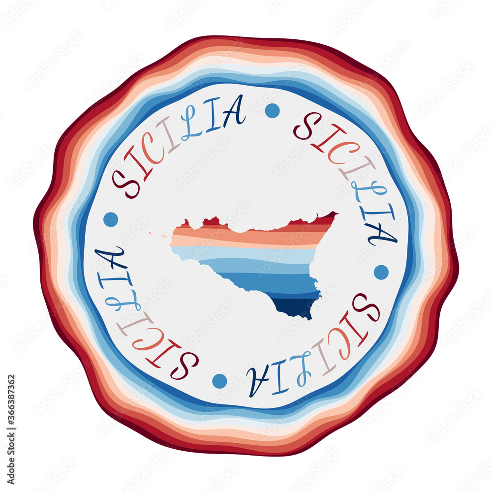 Sicilia badge. Map of the island with beautiful geometric waves and ...