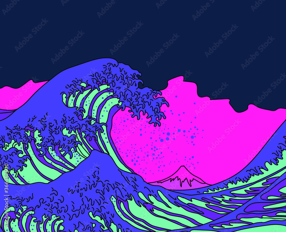 Great Wave in Vaporwave Pop Art style. View on ocean's crest leap ...