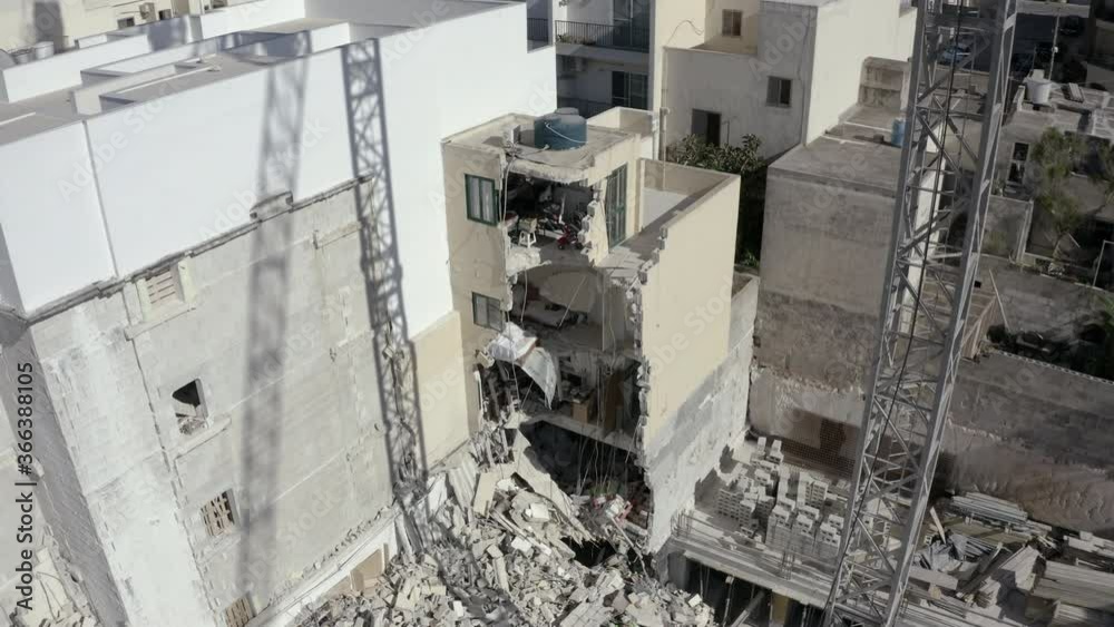 Destroyed building, collapse, Malta, Drone smooth flying through closed ...