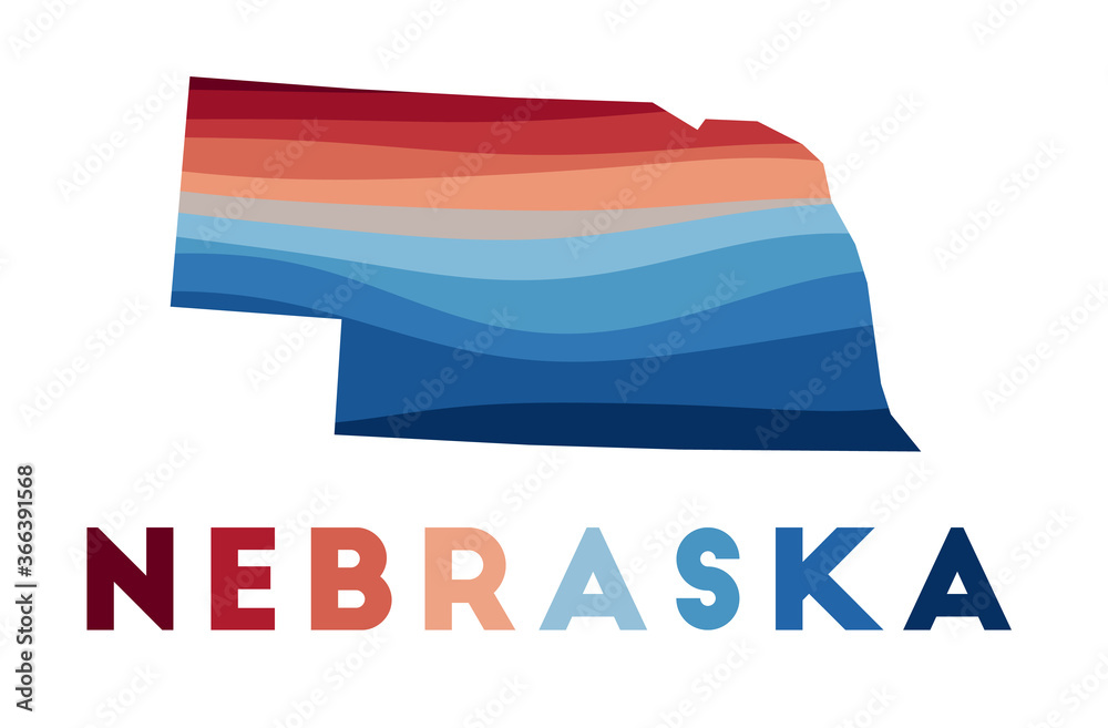 Nebraska map. Map of the us state with beautiful geometric waves in red ...