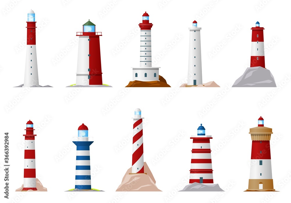 Nautical lighthouse and sea navigation beacon isolated icons. Vector ...