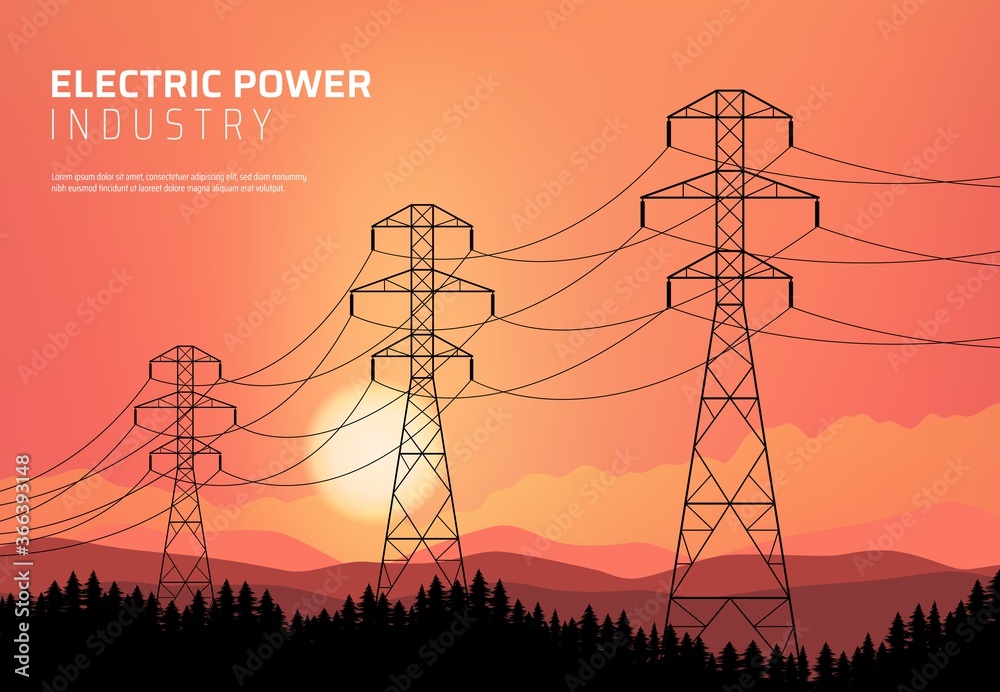 Energetics, power transmission line, electric industry vector poster ...