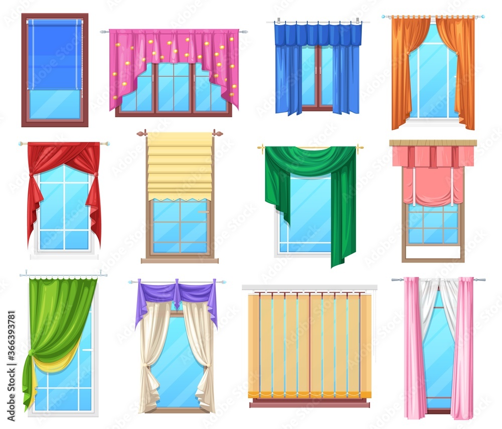 Windows with curtains and jalousie, vector interior design elements ...