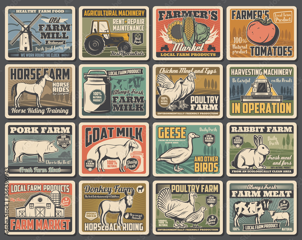 Agriculture and farming retro posters of vector animal, vegetable and ...