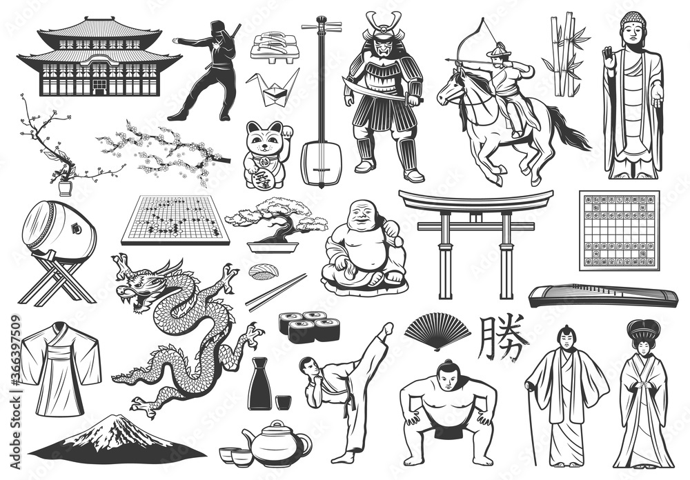 Japan vector icons with food, religion and culture symbols, Japanese ...
