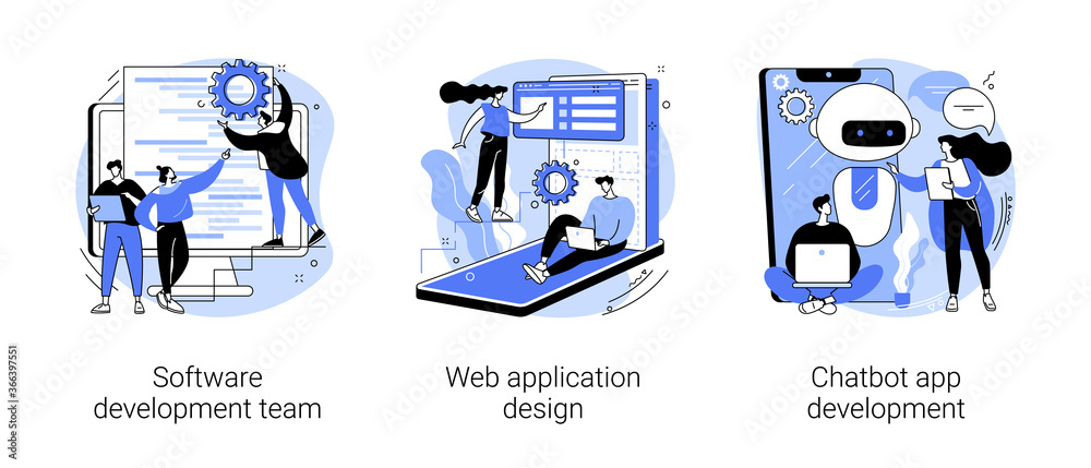 Professional programming abstract concept vector illustration set. Software development team ...