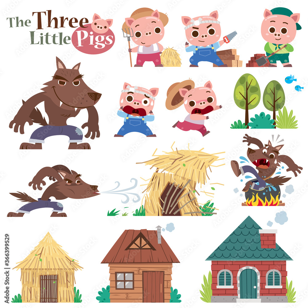 Vector illustration of Cartoon Three little pigs. Set of cute ...