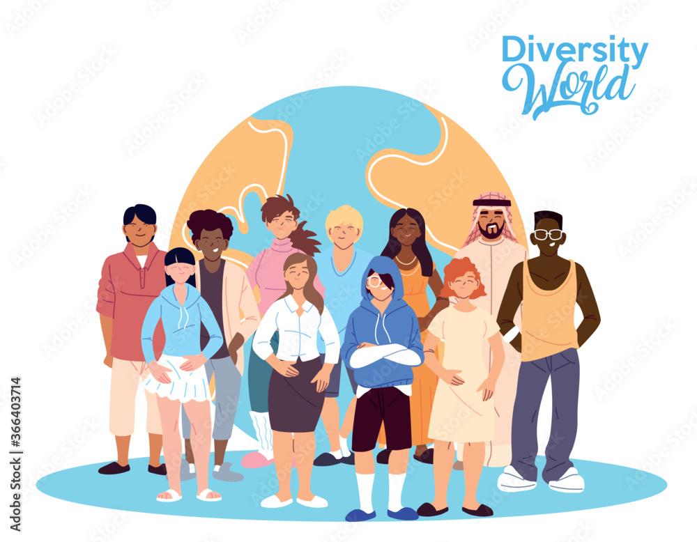 Women and men cartoons in front of world of cultural diversity vector ...