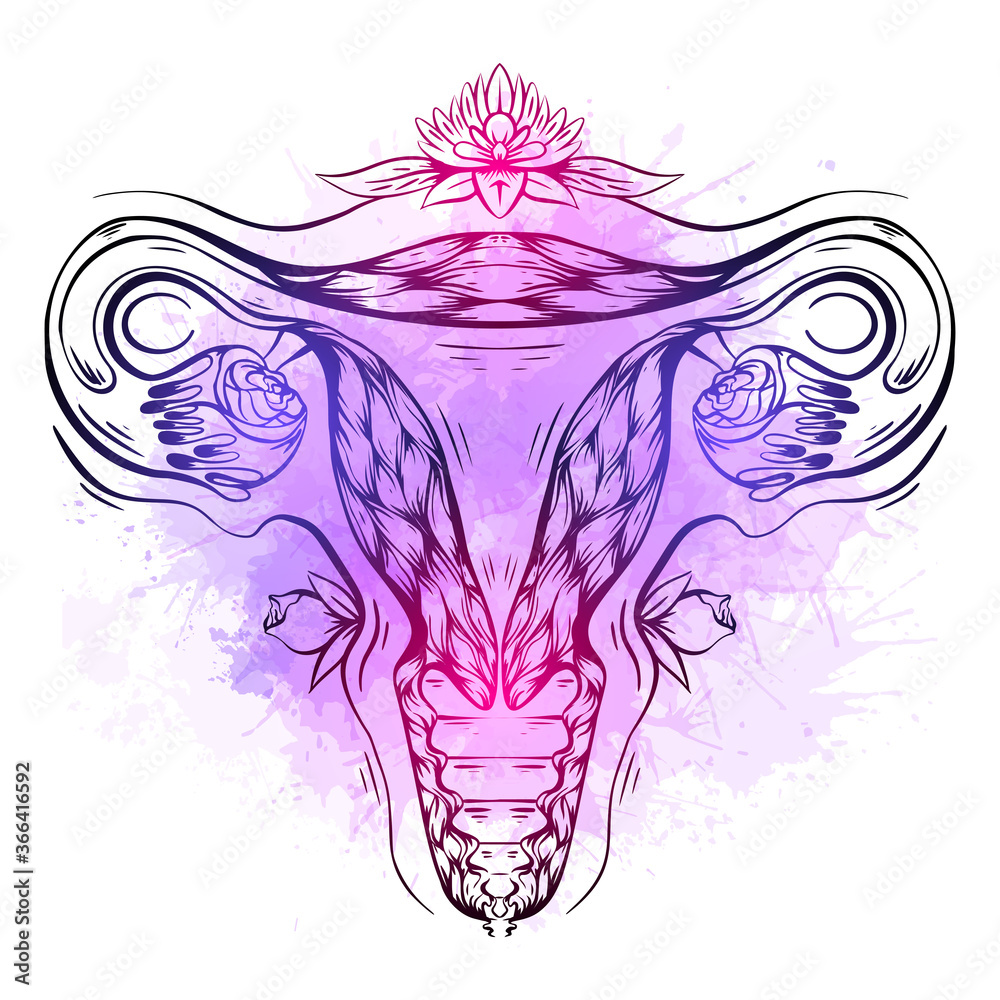Contour anatomical sketch of the uterus with flower and neon watercolor ...