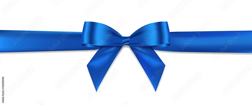 Blue bow realistic shiny satin and ribbon horizontal line with shadow ...
