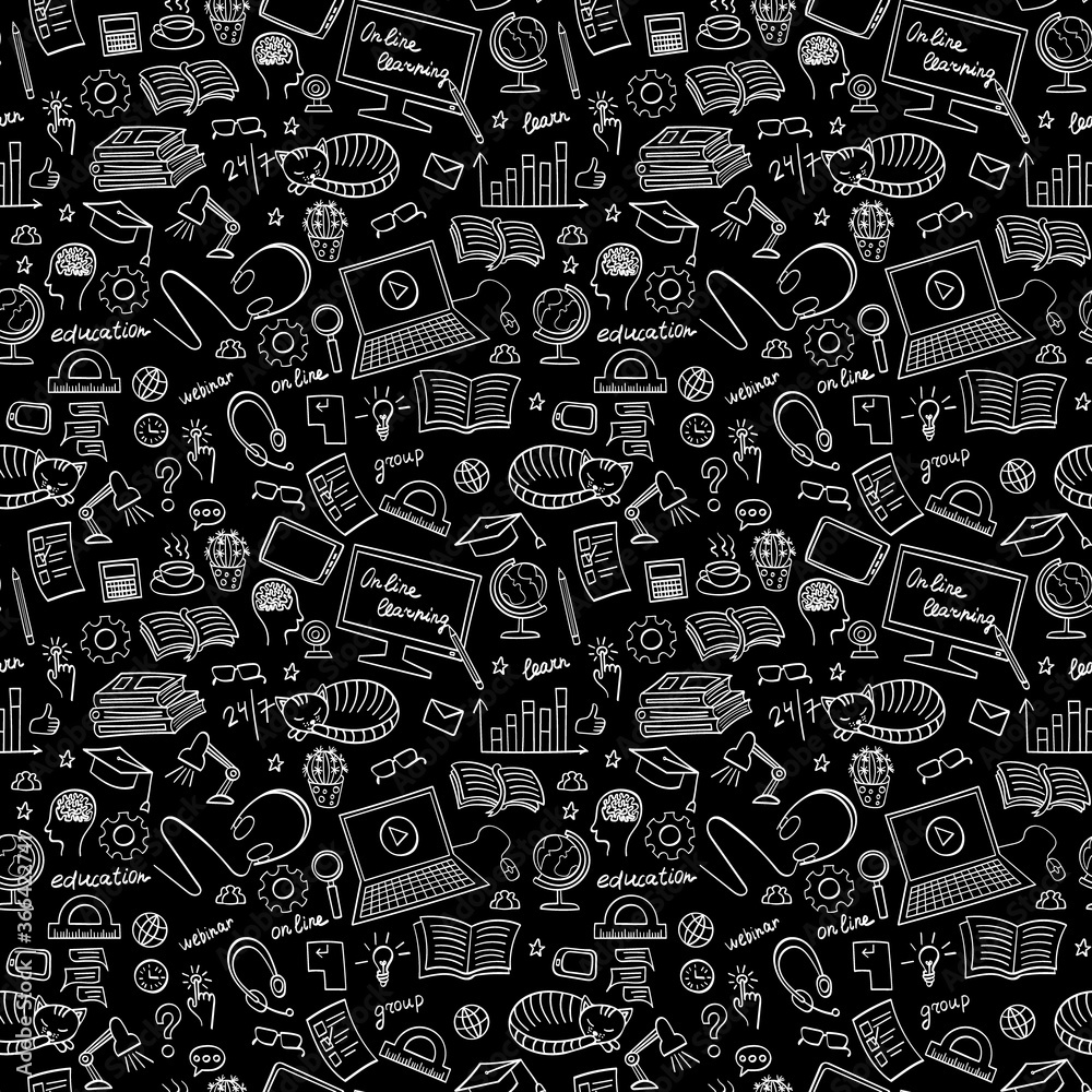 Online education seamless pattern. Distance learning white doodles on ...