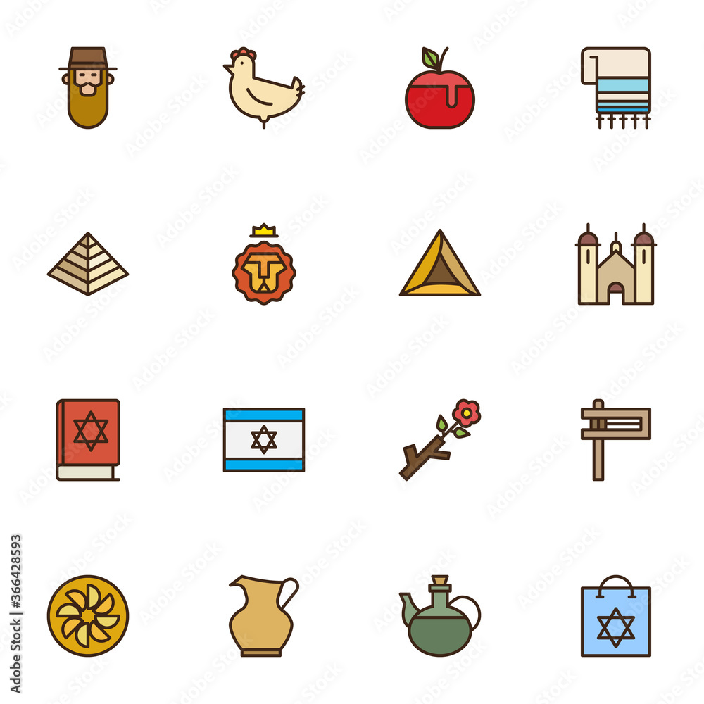 Judaism related filled outline icons set, line vector symbol collection ...