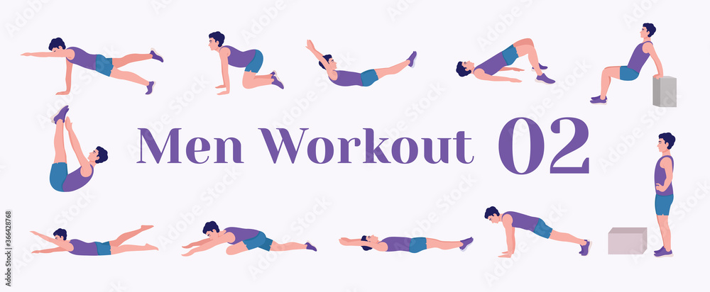 Workout men set. Men doing fitness and yoga exercises. Lunges, Pushups ...