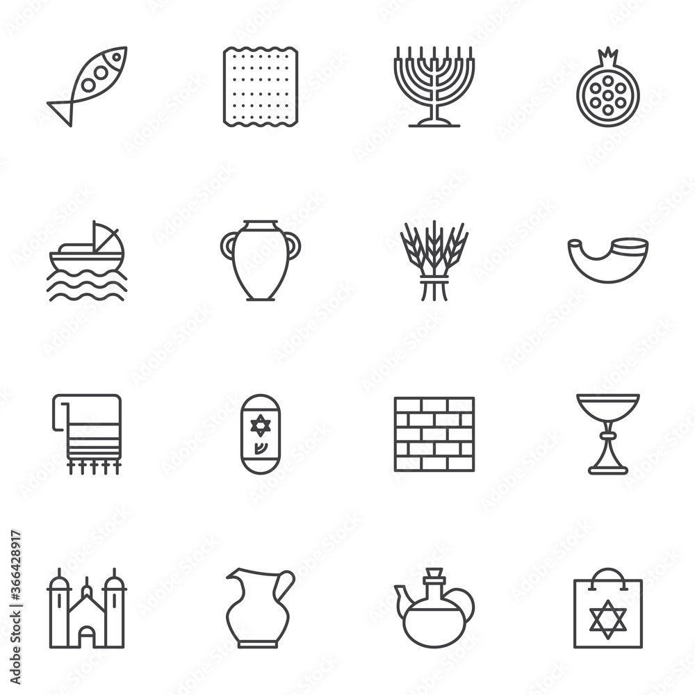 Jewish hanukkah holiday line icons set, Judaism outline vector symbol ...