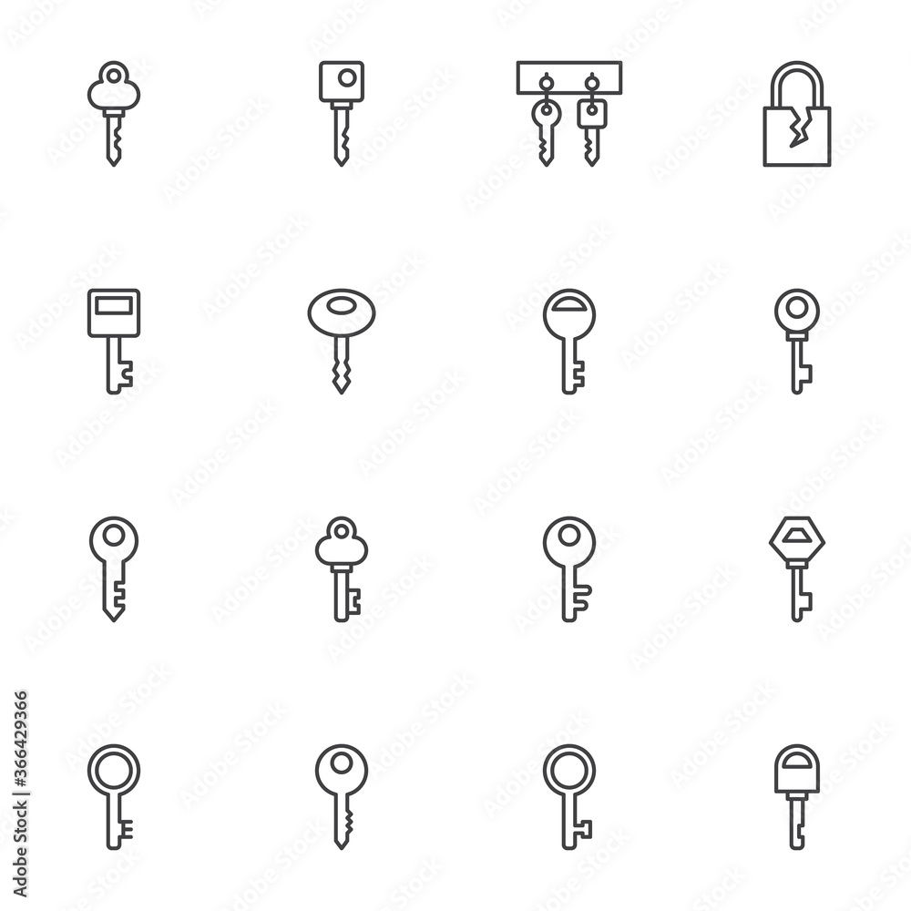 Keys and padlock line icons set, outline vector symbol collection ...