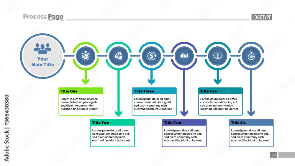 Six steps process chart slide template. Business data. Flowchart ...