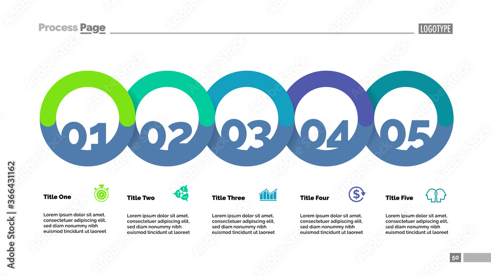 Five circle flowchart with description slide template. Business data ...