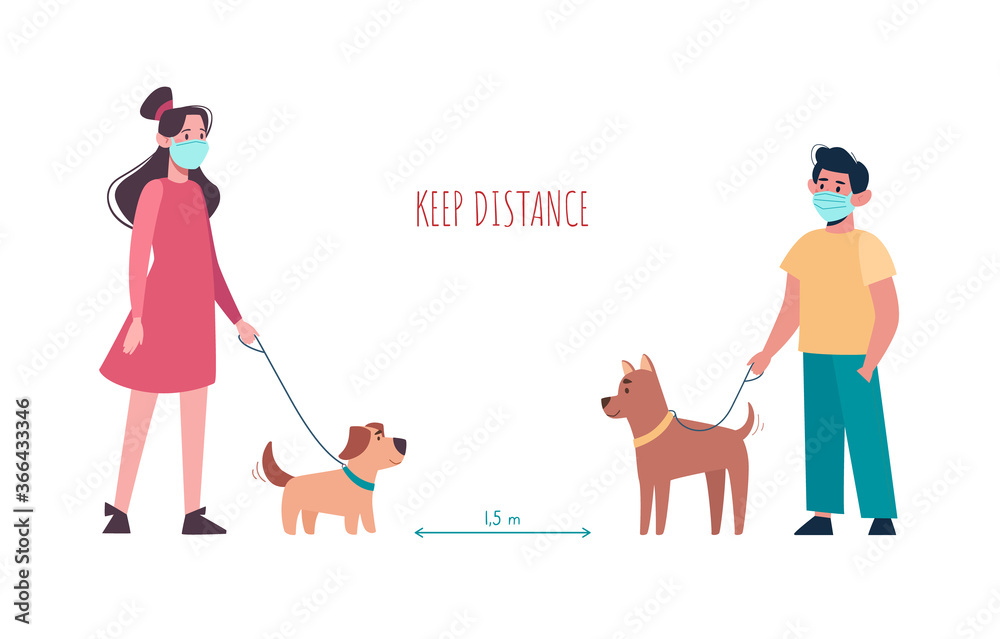 Boy and girl in medical masks walking the dogs, keep a distance so as ...