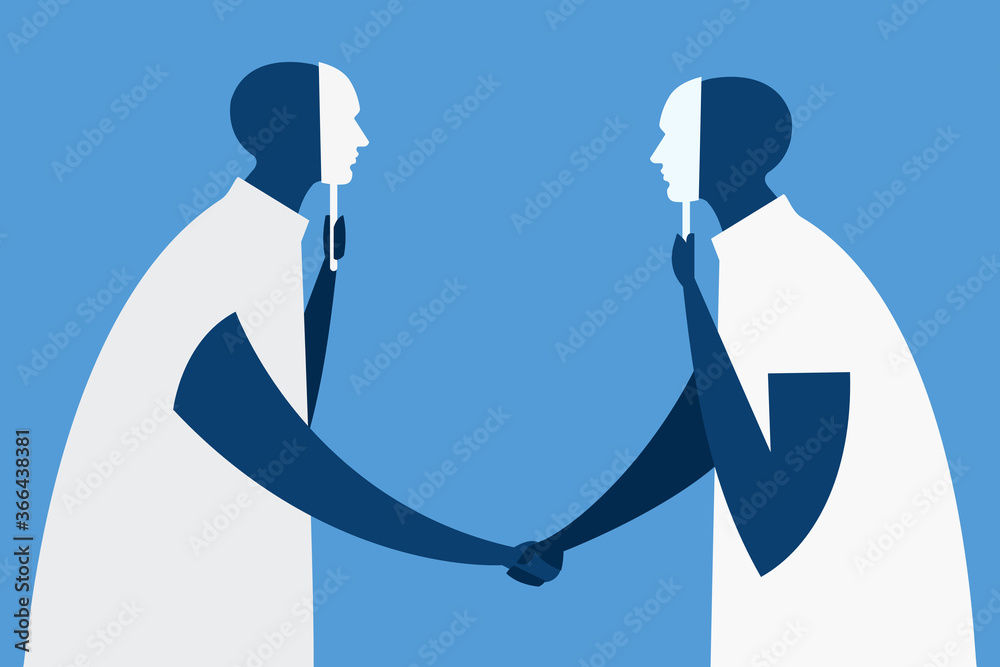 Poster People holding masks to fake their identity shaking hands – Wall ...