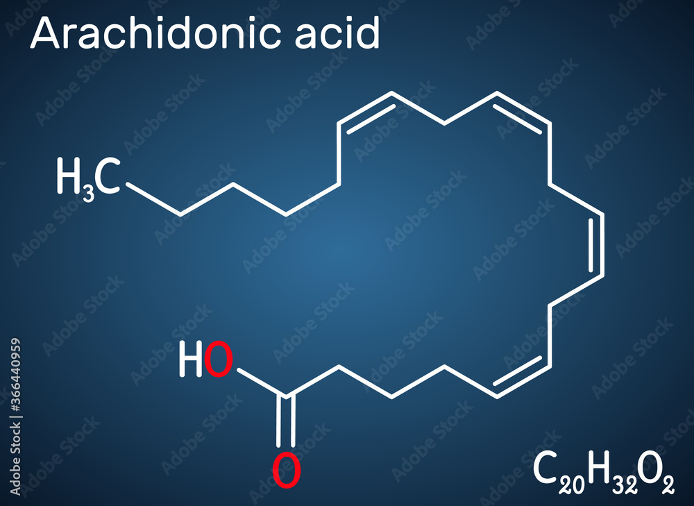 Arachidonic acid, AA, ARA molecule. It is unsaturated omega-6 fatty ...