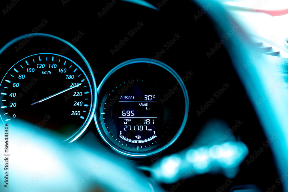 Closeup car fuel gauge dashboard panel. Gasoline indicator meter and ...