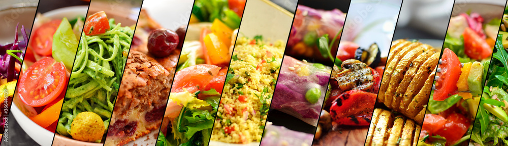 Collage of varied cooked food. Assortment and menu for the cafe. Stock ...
