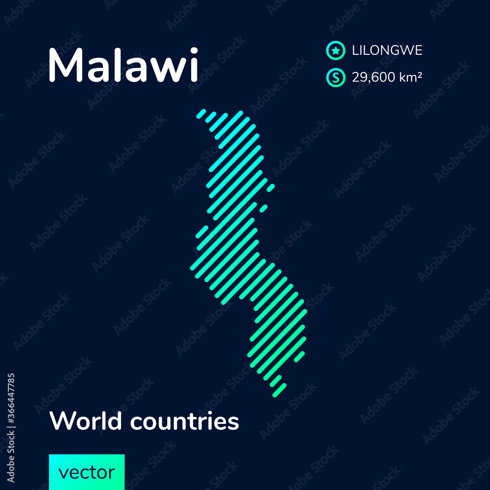 Flat vector Malawi map in turquoise colors on a dark blue background ...