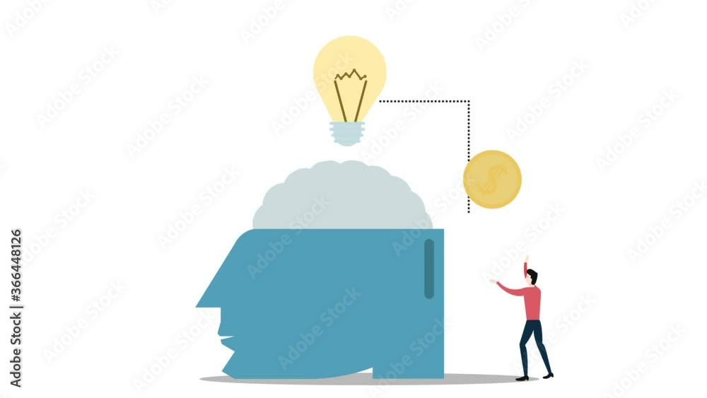 Young man animation inserting a gold coin into a human head to gets ...