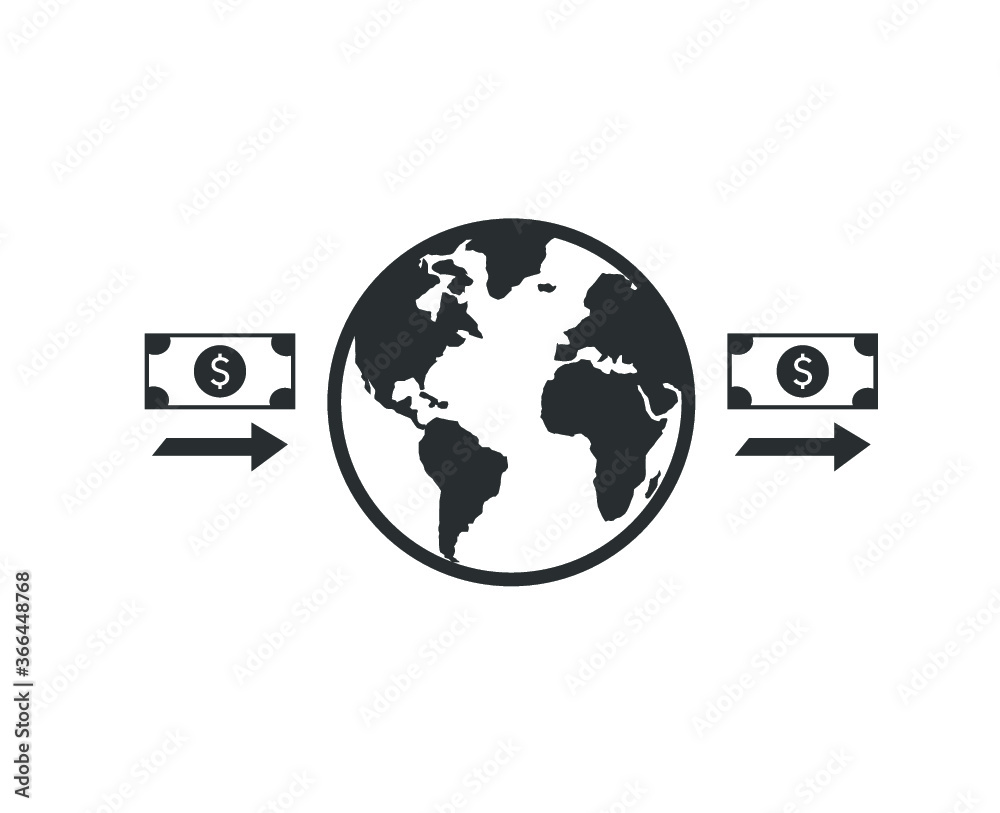 Money transfer icon. Around the globe money transfer vector icon. Money ...