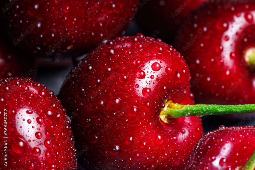 marco shot of a dark red cherry covered with fine water drops for a ...
