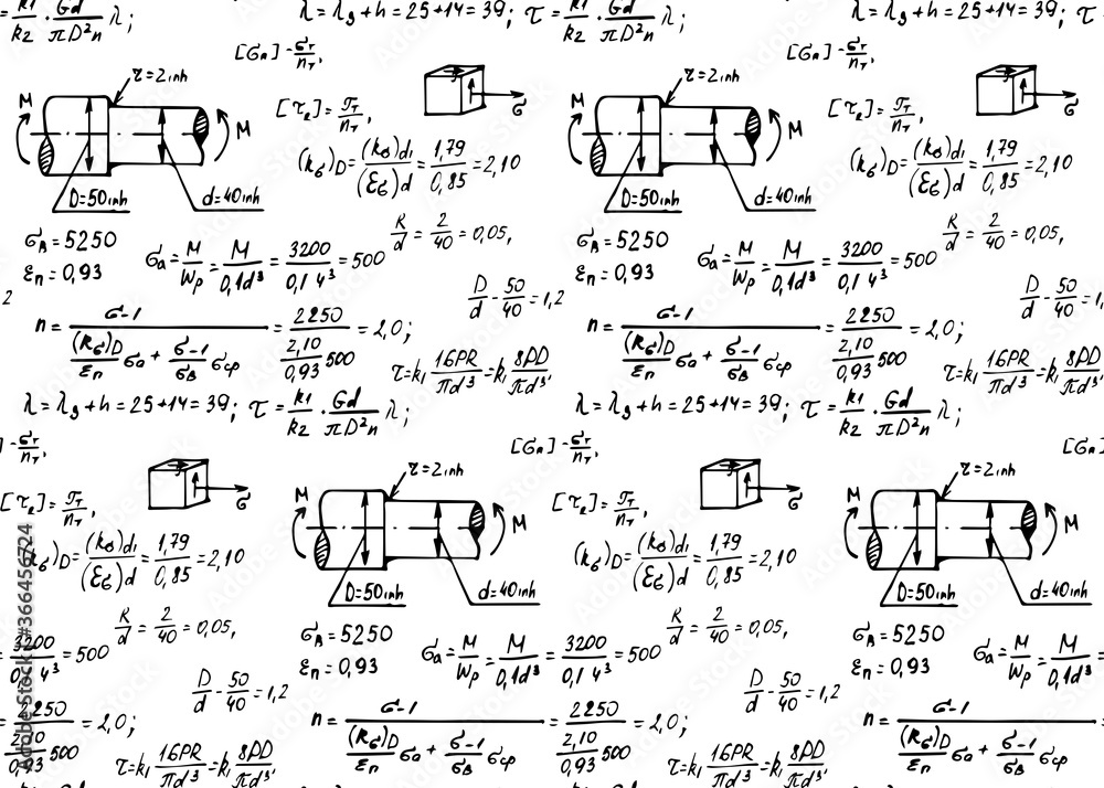 Physics seamless pattern with the equations, figures, outlines ...