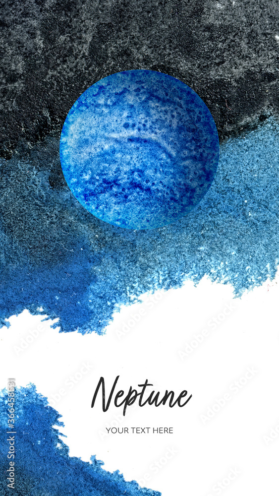 Neptune planet vertical banner watercolor hand drawn illustration with ...