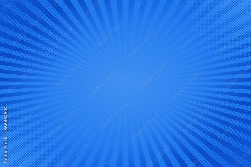 Blue comics rays background with halftones. Vector backdrop ...
